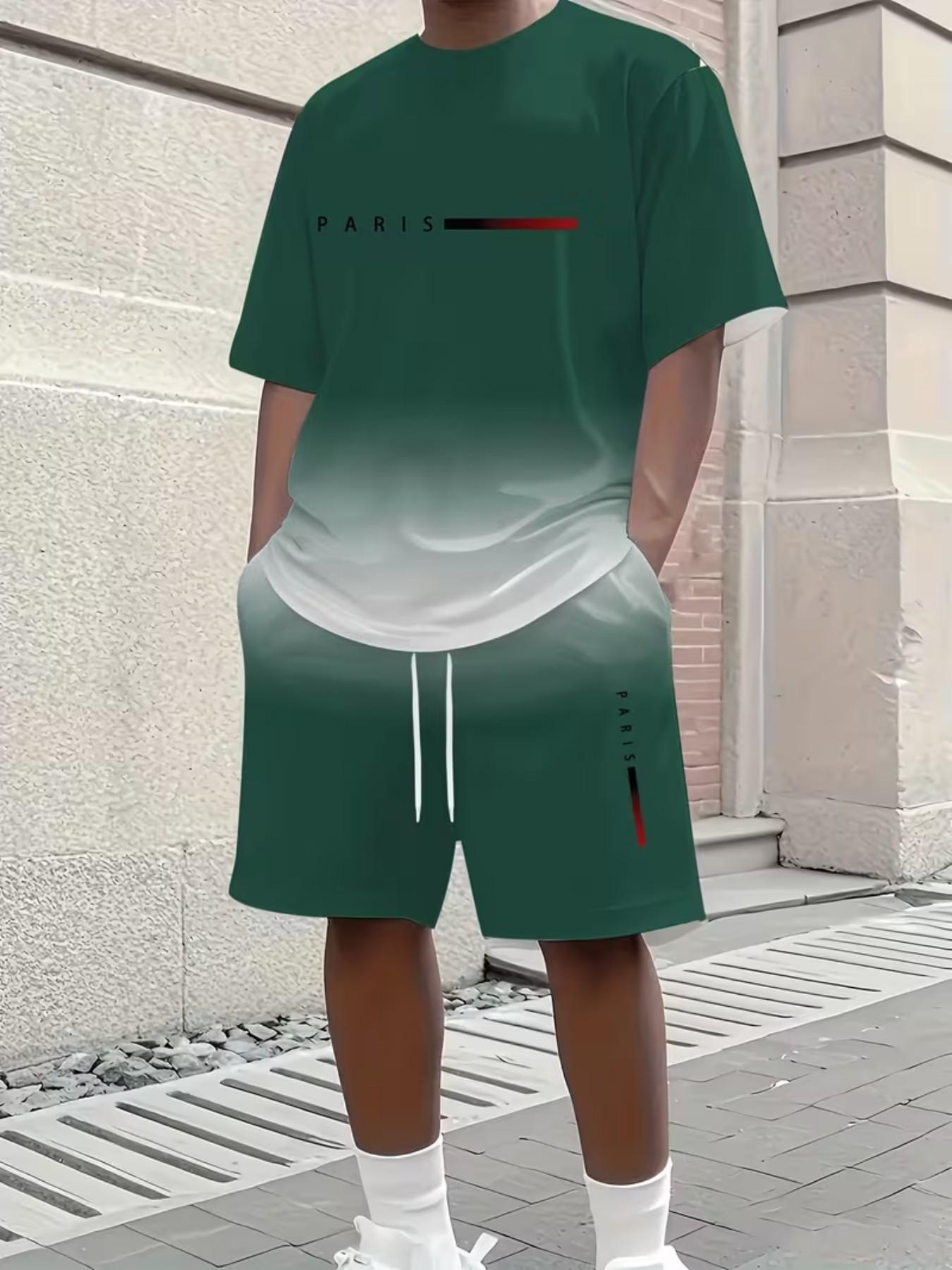 Men's Letter Digital Print Gradient T-Shirt & Beach Shorts Set, Casual ...