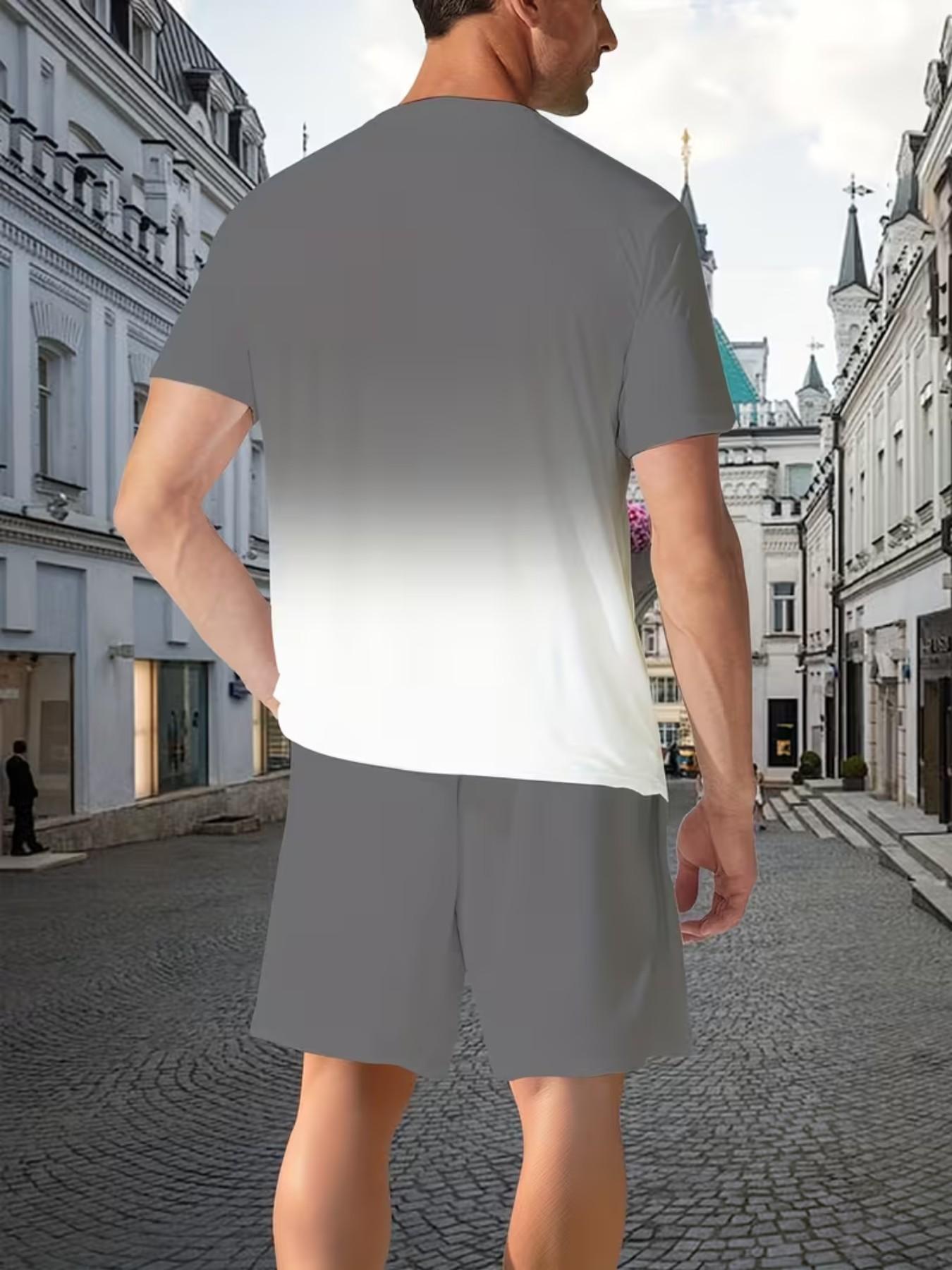 Men's Letter Digital Print Gradient T-Shirt & Beach Shorts Set, Casual ...